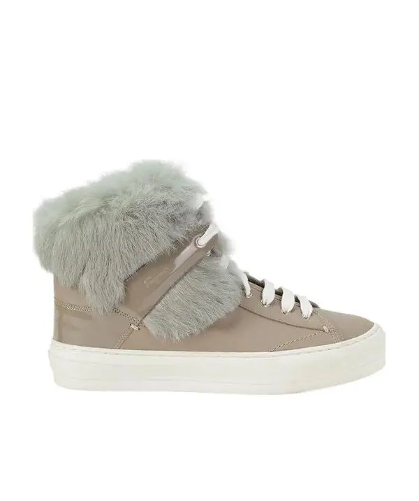 FERRAGAMO Lace-up High-top Sneakers With Fur Trim