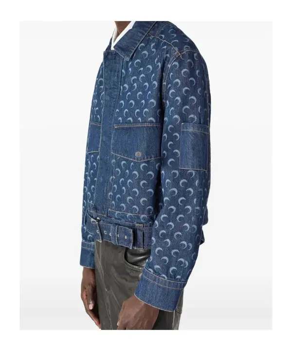 MARINE SERRE Belted Moon-print Denim Jacket