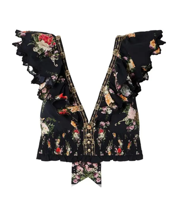 Camilla Floral Printed Ruffled Top With Embellishments