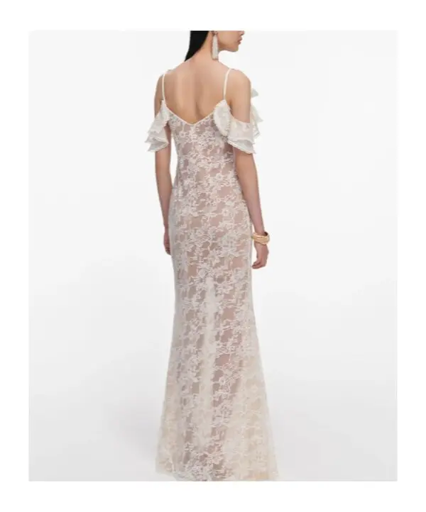 SELF-PORTRAIT Lace Maxi Dress With Ruffled Cowl Neckline - Cream