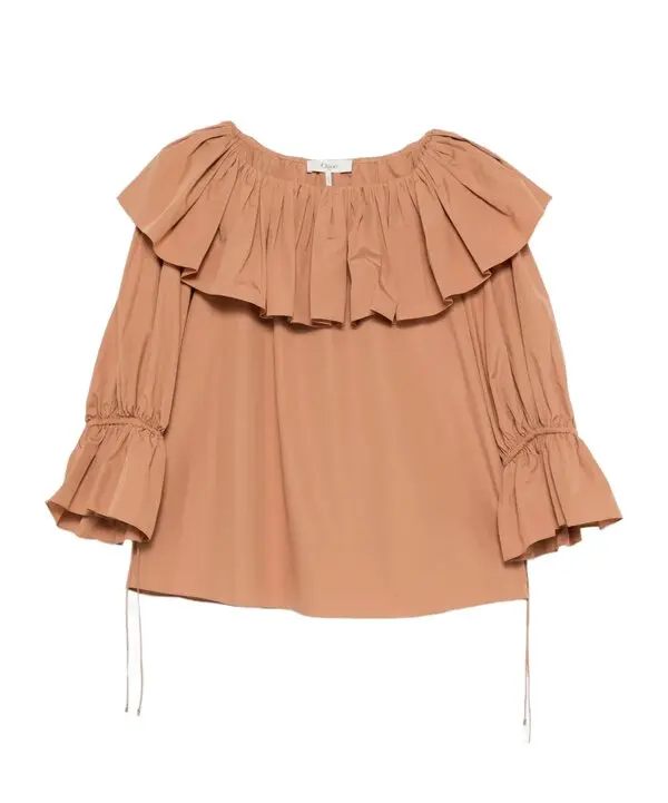 Chloé Off-the-shoulder Ruffled Poplin Top - Nude