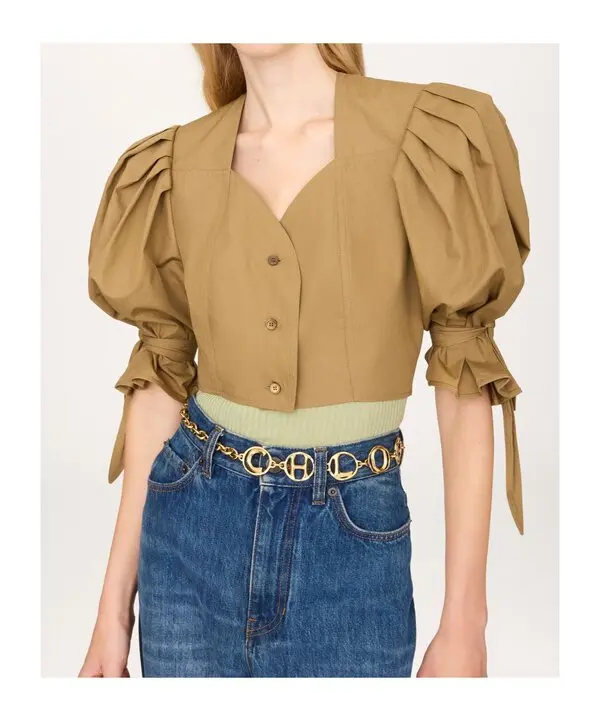 Chloé Cropped Puff-sleeve Top With Tie Cuffs