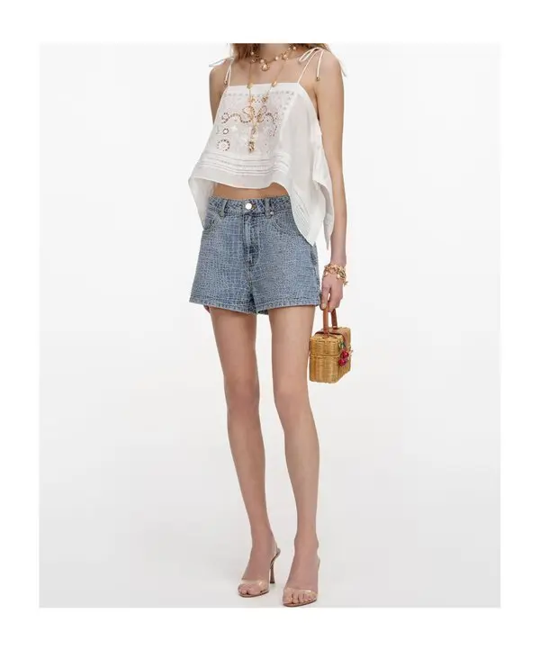 SELF-PORTRAIT Embroidered Lace-up Cropped Top