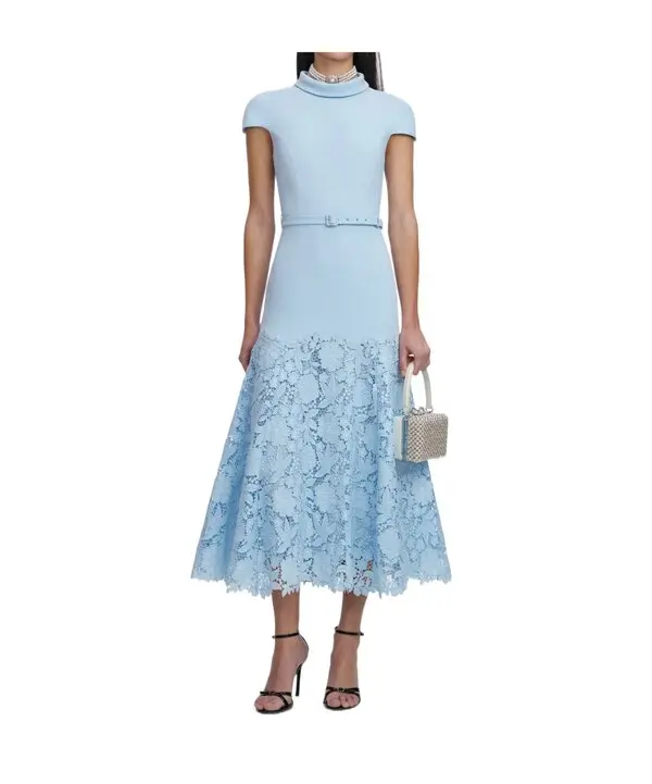 SELF-PORTRAIT Crepe Lace Midi Dress With High Neck And Belt