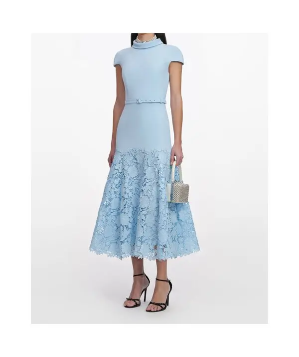 SELF-PORTRAIT Crepe Lace Midi Dress With High Neck And Belt