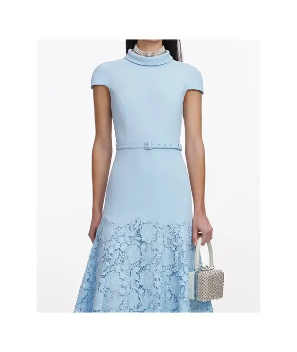 SELF-PORTRAIT Crepe Lace Midi Dress With High Neck And Belt