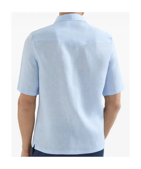 Brunello Cucinelli Linen Easy Fit Short-sleeve Shirt With Camp Collar - Blue