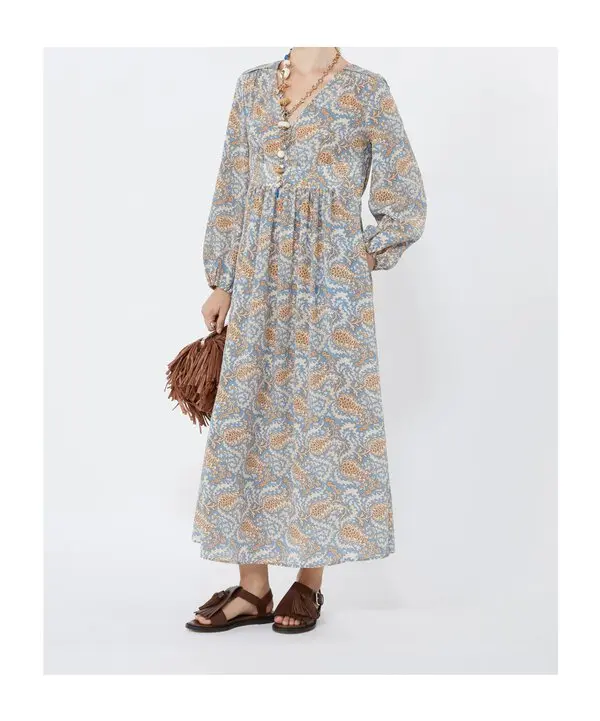 Max Mara V-neck Long Puff Sleeve Printed Midi Dress
