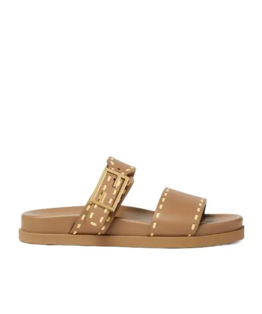 Fendi Double-band Slides With Ff Baguette Buckle - Brown
