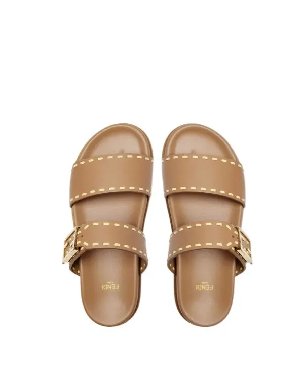 Fendi Double-band Slides With Ff Baguette Buckle - Brown