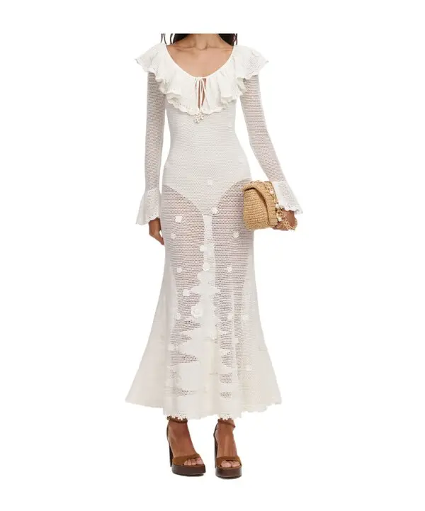 SELF-PORTRAIT Crochet Floral Embellished Midi Dress - White