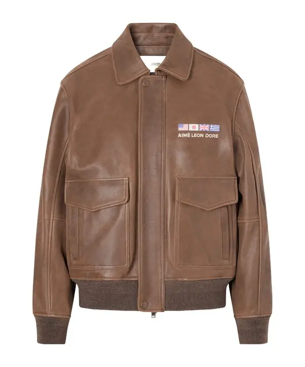 Aimé Leon Dore Worlds Borough Printed Leather Jacket - Brown