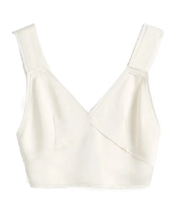 TOTEME V-neck Cropped Satin Top With Frayed Edges - Off-white