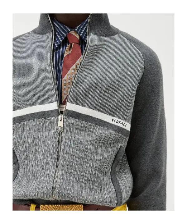 Versace Embroidered Jacquard Knitted Zipped Cardigan