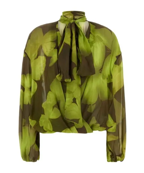 Blumarine Printed Georgette Bow Neck Top - Green