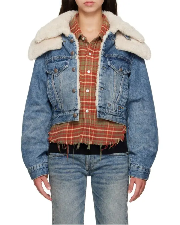 R13 Long Sleeve Denim Jacket With Wool Collar