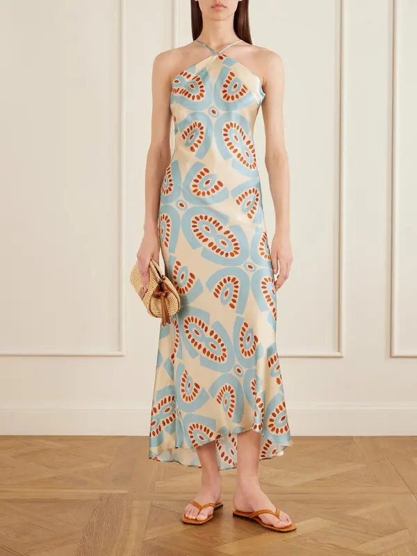Themis Z Thaleia Printed Silk-satin Halterneck Maxi Dress