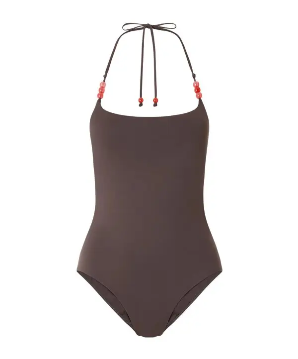 Staud Laird Embellished Backless Swimsuit - Dark Brown
