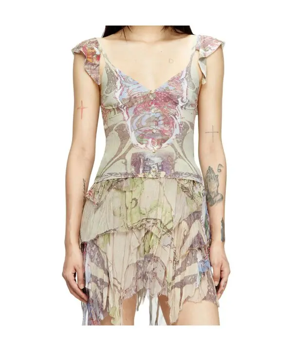 DIESEL® M-fiore Medieval Printed Ruffle-shoulder Knitted Top