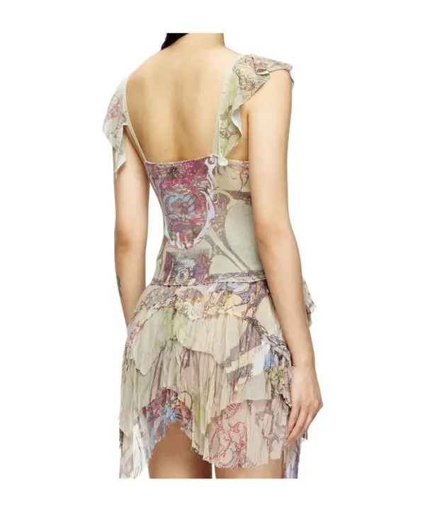 DIESEL® M-fiore Medieval Printed Ruffle-shoulder Knitted Top