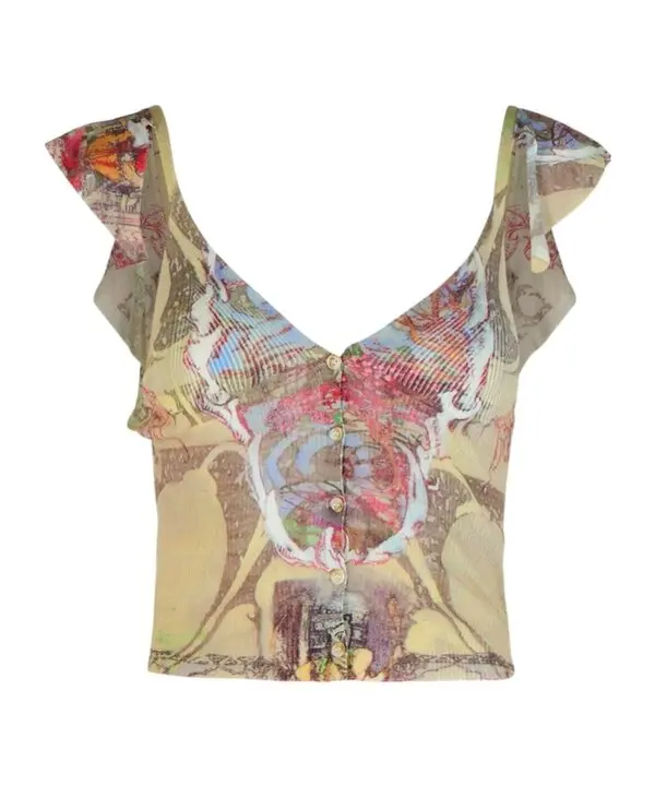 DIESEL® M-fiore Medieval Printed Ruffle-shoulder Knitted Top - Beige