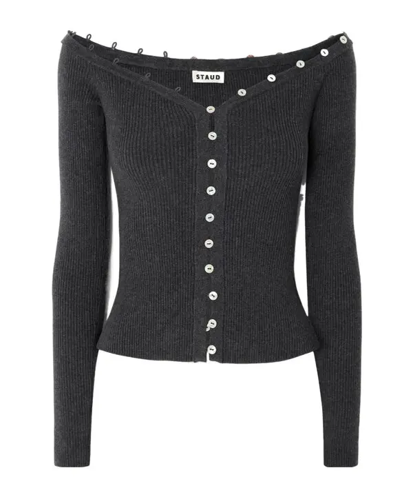Staud Keaton Off-the-shoulder Ribbed Knit Cardigan - Dark Gray