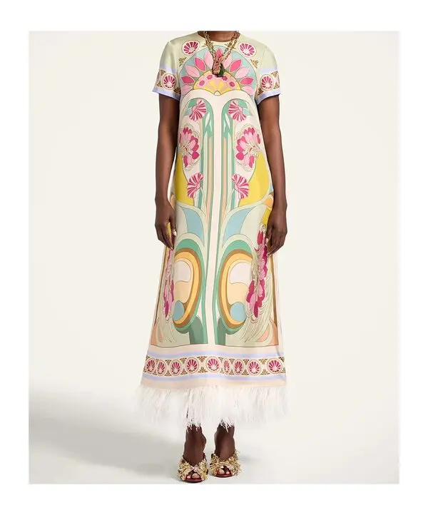 La DoubleJ Feather-trim Printed Short-sleeve Dress - Nude