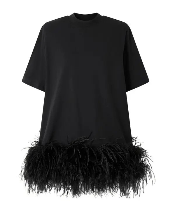 Attico Feather-trimmed Cotton-jersey Mini Dress - Black