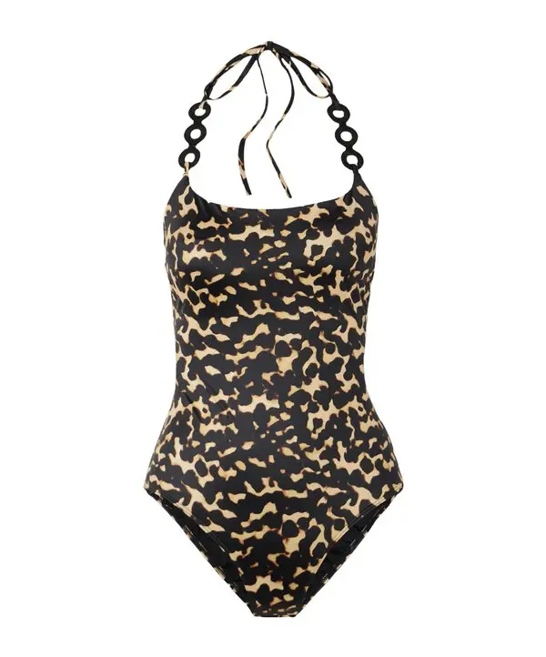 Staud Laird Embellished Printed Halterneck Swimsuit - Black