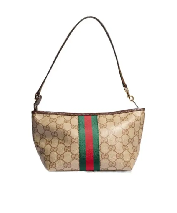 Gucci Small Pouch With Strap And Web - Sand And Dark Brown