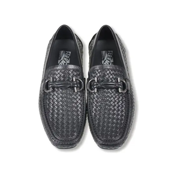 FERRAGAMO Woven Horsebit Loafers - Black
