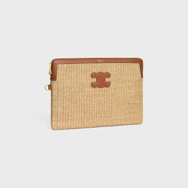 Celine Small Pouch With Strap In Raffia Effect Textile And Calfskin