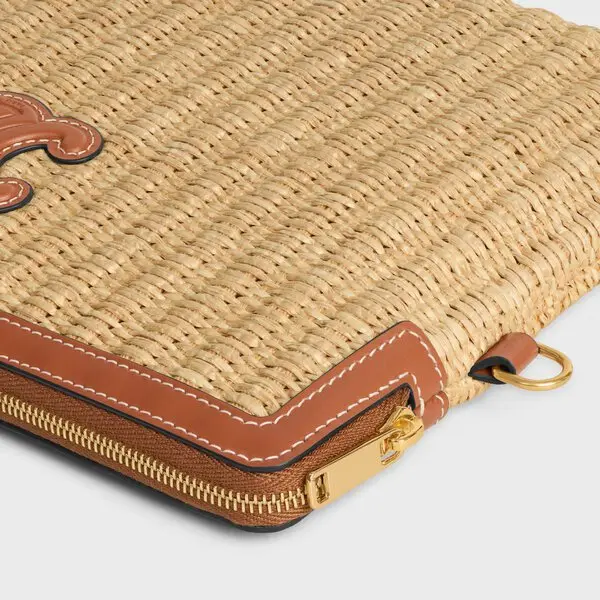 Celine Small Pouch With Strap In Raffia Effect Textile And Calfskin