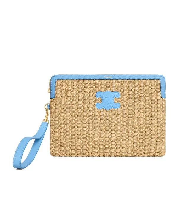 Celine Small Pouch With Strap In Raffia Effect Textile And Calfskin