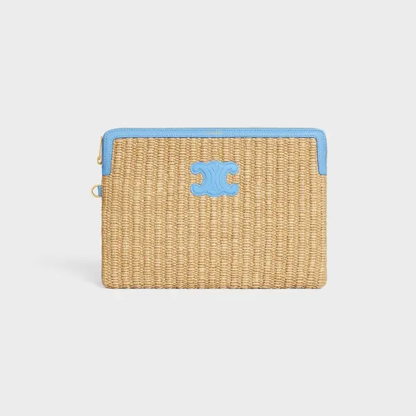 Celine Small Pouch With Strap In Raffia Effect Textile And Calfskin