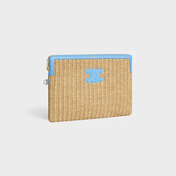 Celine Small Pouch With Strap In Raffia Effect Textile And Calfskin