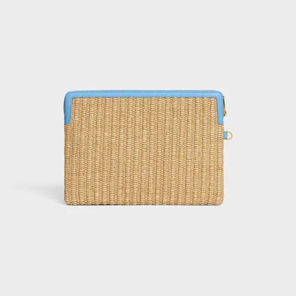Celine Small Pouch With Strap In Raffia Effect Textile And Calfskin
