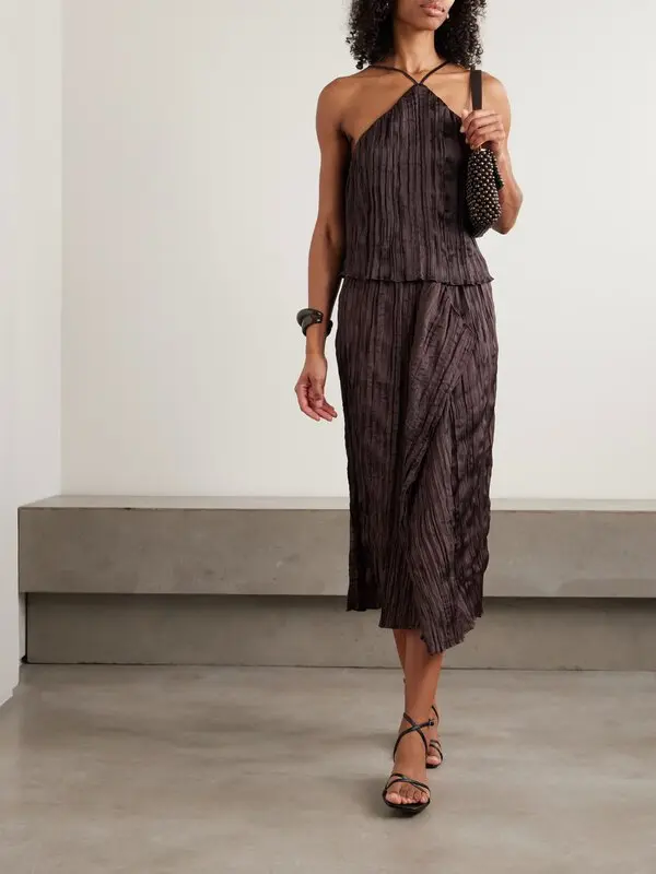 Staud Mai Draped Pleated Satin Midi Skirt