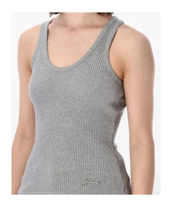 GANNI Ribbed Crewneck Tank Top - Grey