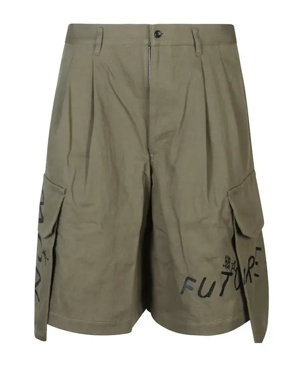 Comme Des Garçons Wide Leg Cargo Shorts With Graphic Print - Green
