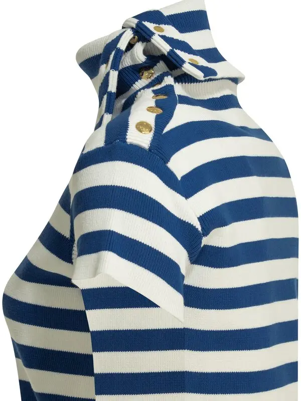Celine High Neck Cotton Top - White/royal Blue