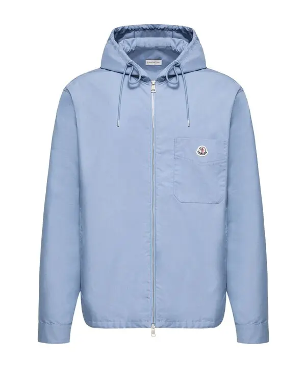 Moncler Cotton Blend Poplin Zip Up Shirt Jacket With Hood