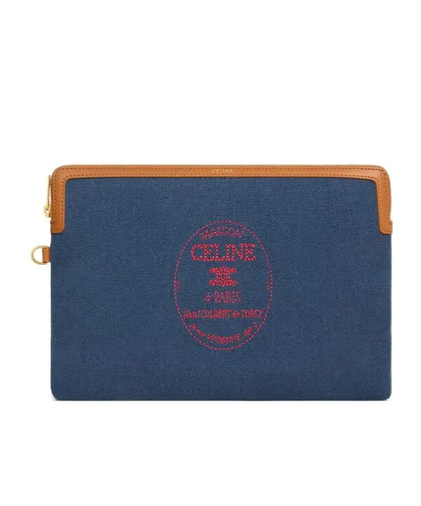 Celine Small Pouch With Strap Cuir Triomphe In Textile With Embroidery - Blue