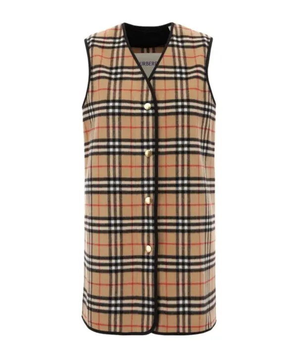Burberry Plaid Sleeveless V-neck Jacket With Gold Buttons - No