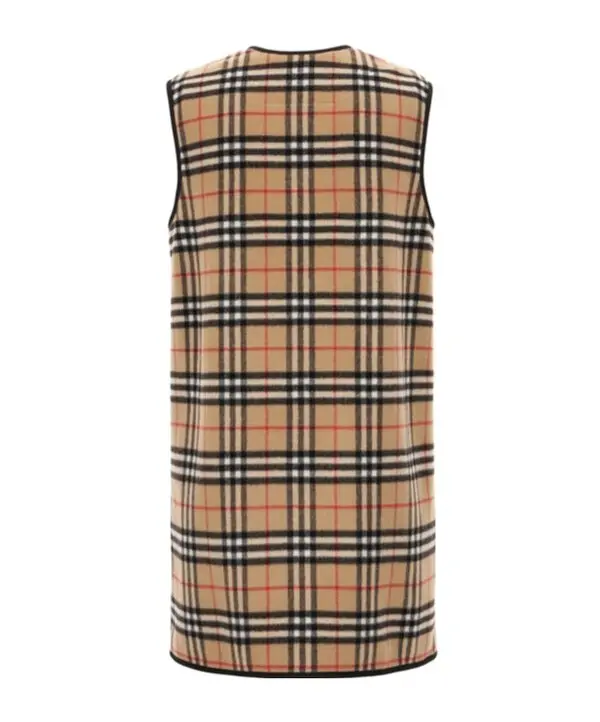 Burberry Plaid Sleeveless V-neck Jacket With Gold Buttons - No