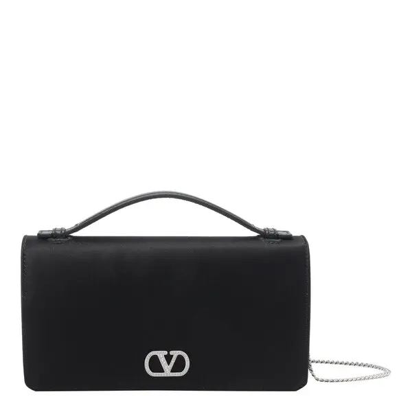 Valentino Garavani Vlogo Signature Chain Wallet In Satin With Jewel Logo - Black