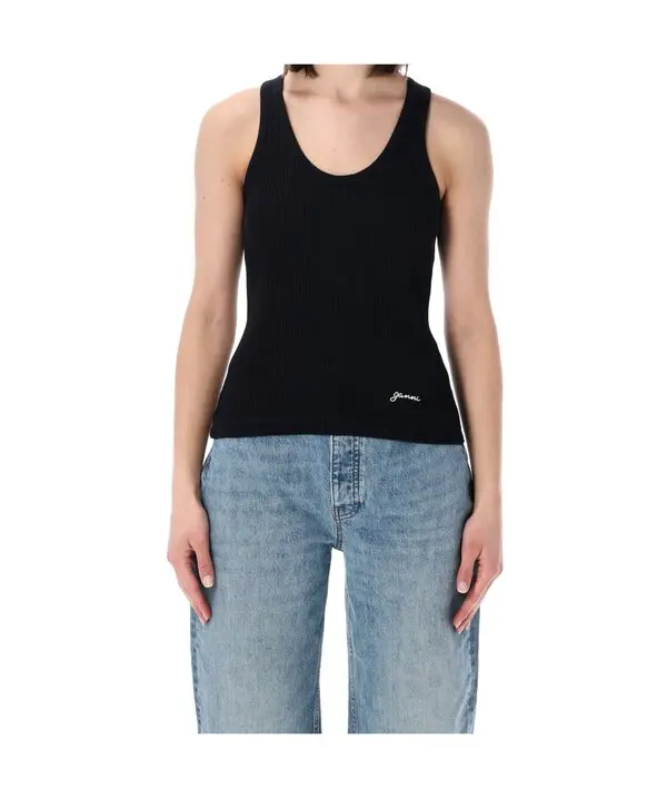 GANNI Ribbed Crewneck Tank Top - Black