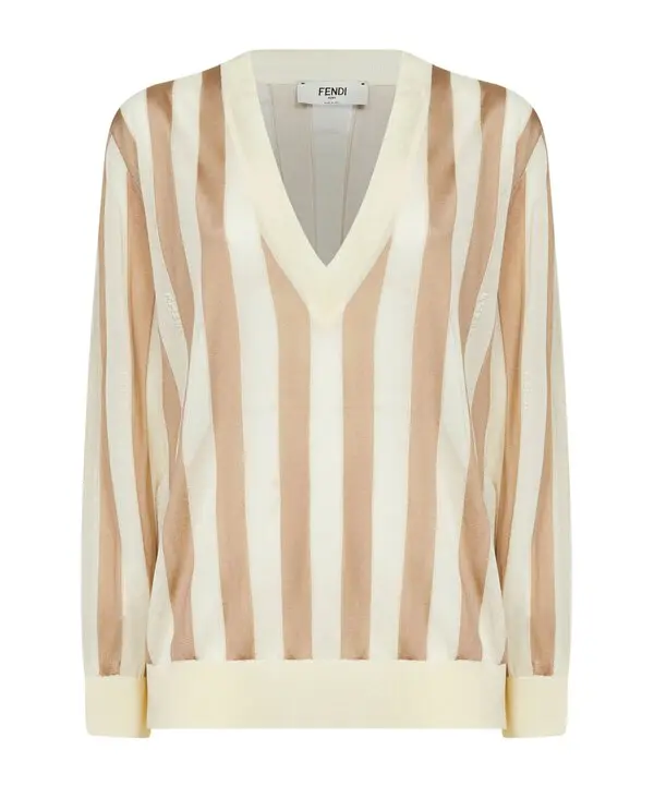 Fendi Striped V-neck Knitted Jumper - White