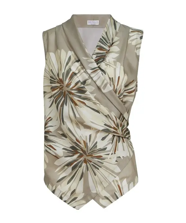 Brunello Cucinelli Sleeveless Floral Wrap Top - Khaki
