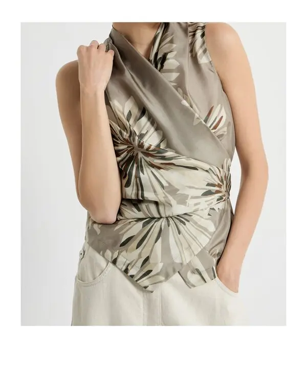 Brunello Cucinelli Sleeveless Floral Wrap Top - Khaki